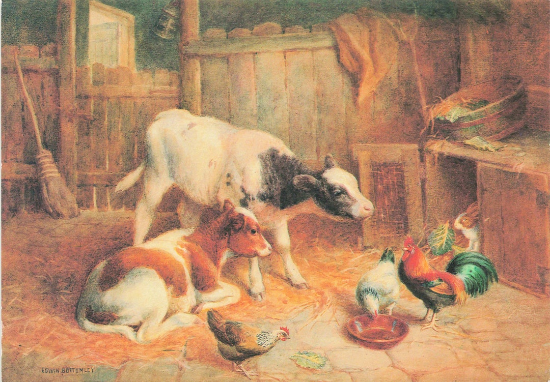 E Bottomley Artist Calves and Chicken Plus Cockerel Vintage 1980s ...
