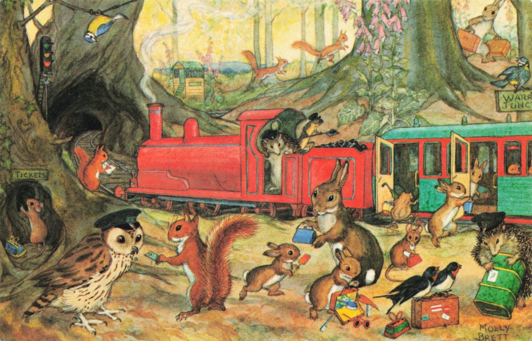 Molly Brett Fantasy Animals Catching the Train Vintage Postcard ...