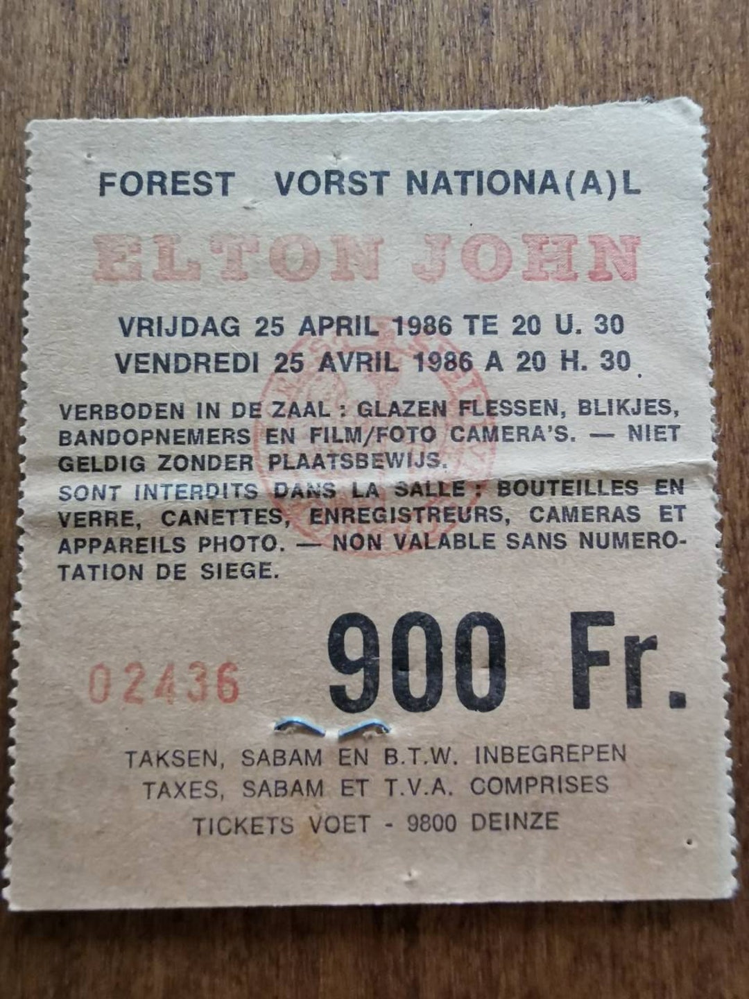 Original Vintage 80s Concert Ticket Elton John European Tour Belgium ...