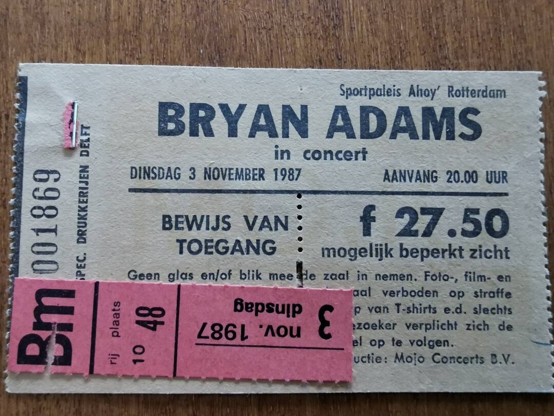 Original Vintage 80s Concert Ticket Bryan Adams European Tour Ahoy ...