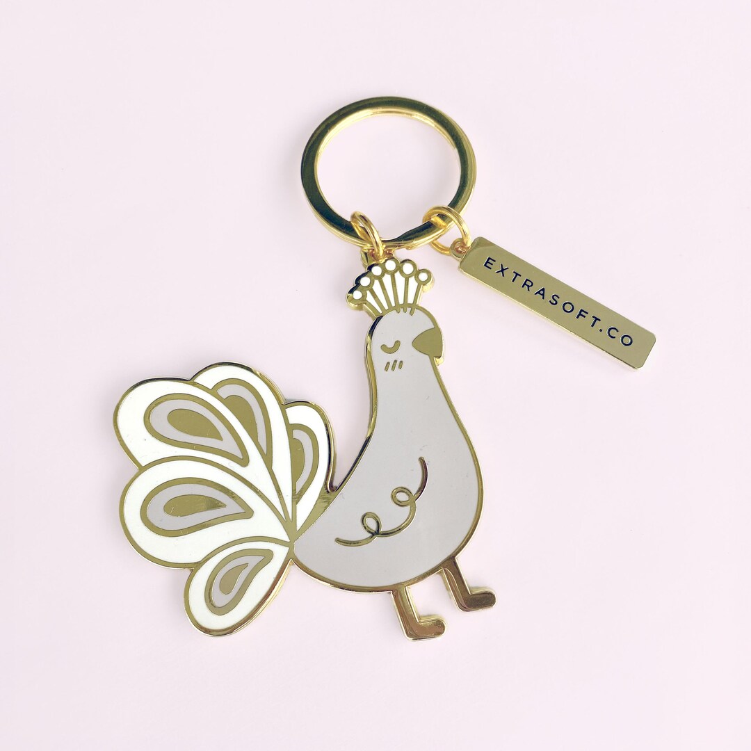 Peacock Keychain | Gold Metal Keyring - White - Albino - Bird - Peafowl ...