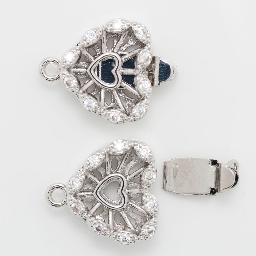 1 Pc. Brass Rhodium Plated Filigree Heart Box Clasps With Cubic ...