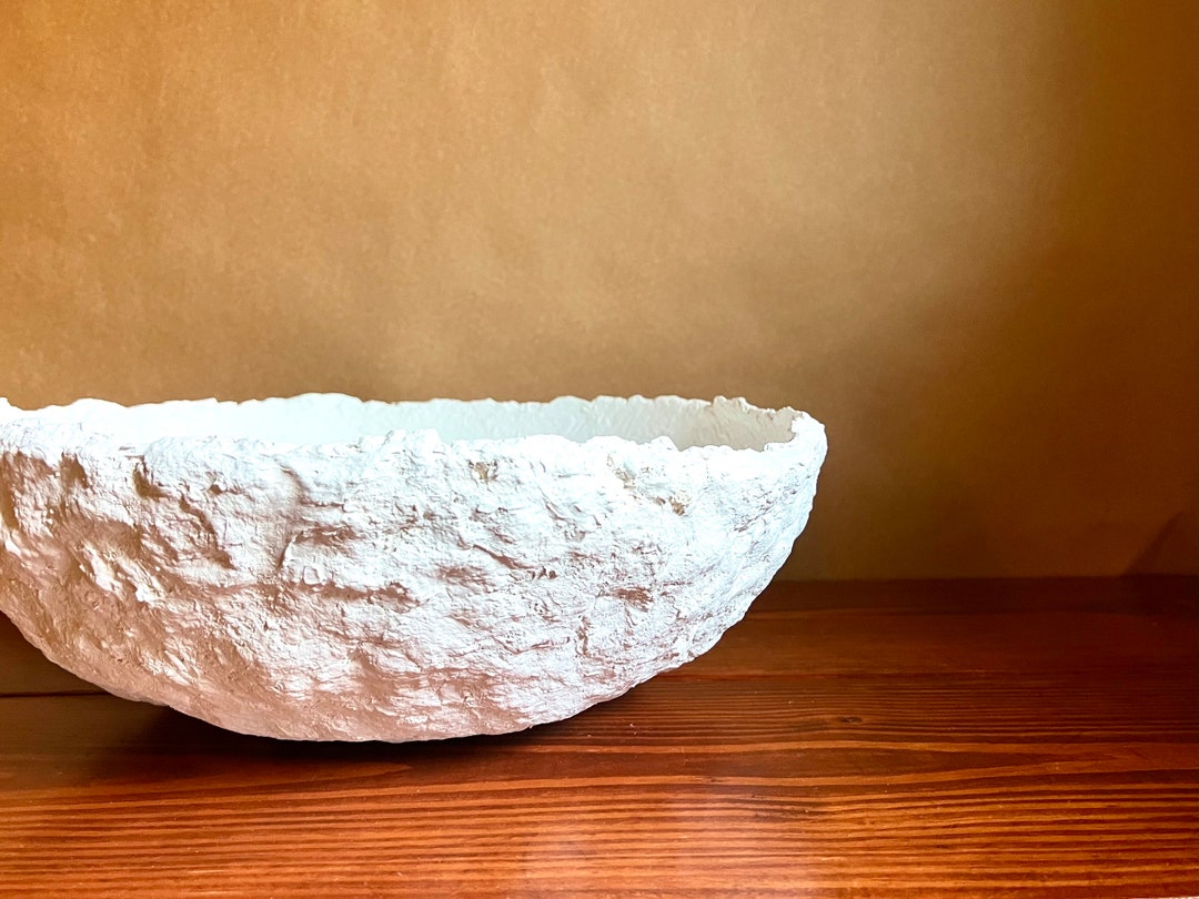 Bowl Paper Mâché Extra Large Vessel Accent Neutral White Rustic Texture ...