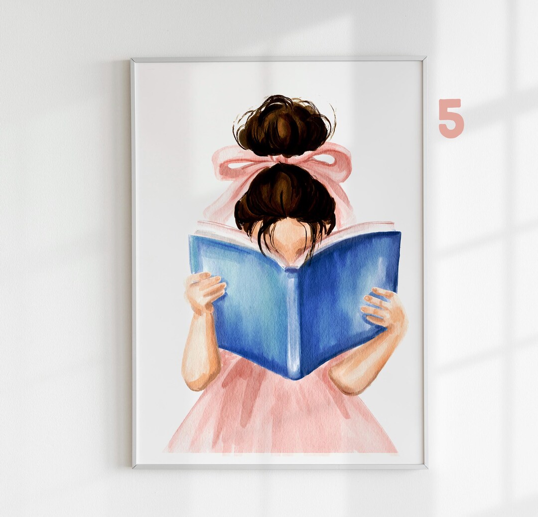 Little Girl Reading Watercolor Painting, Custom Girl Reading Book Wall ...