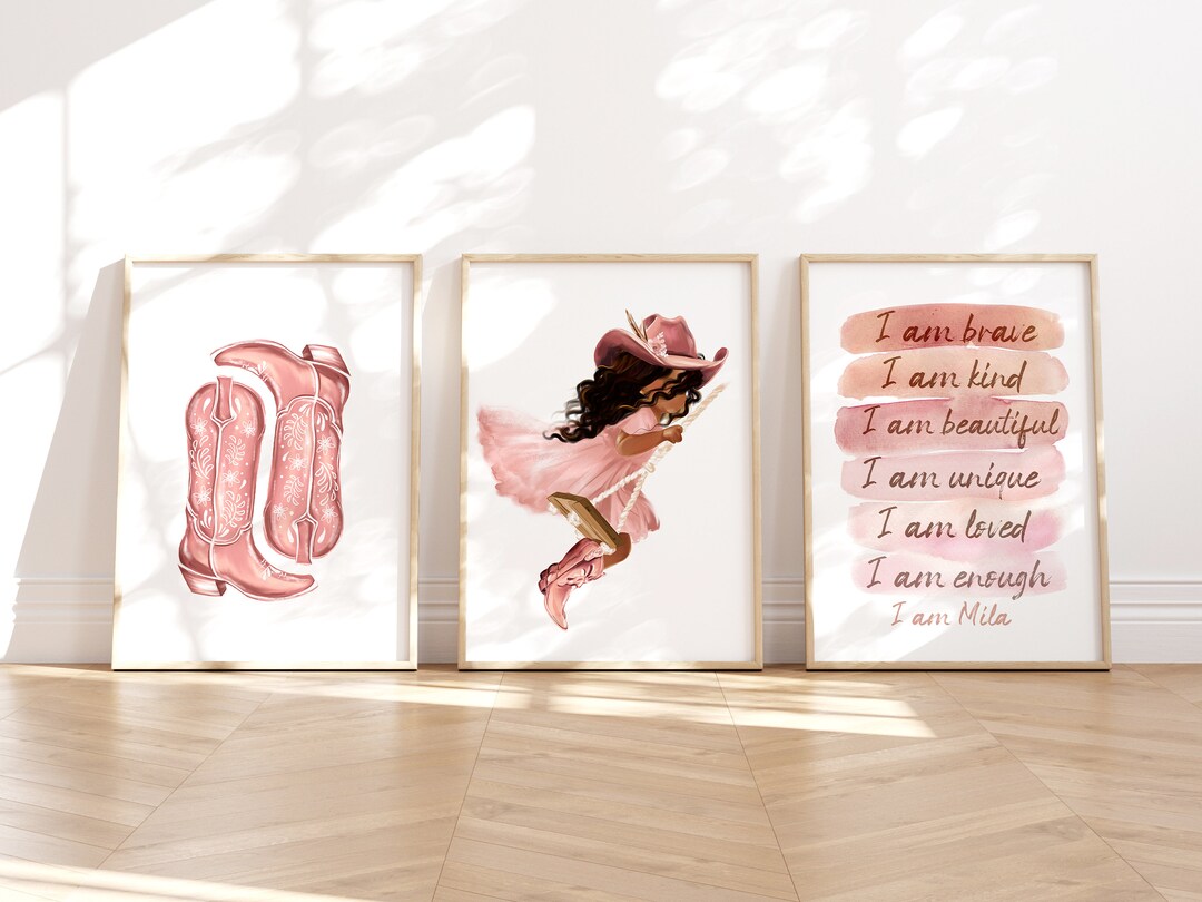 Set of 3 Custom Western Girl Nursery Decor, Coastal Brown Skin Cowgirl ...