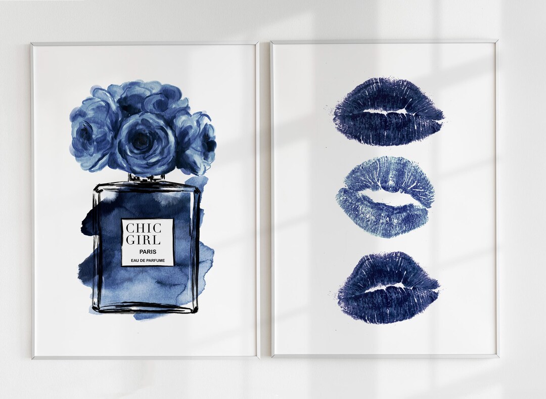 Navy Blue Chic Perfume Print Set of 2: Paris Fashion Wall Art (digital ...
