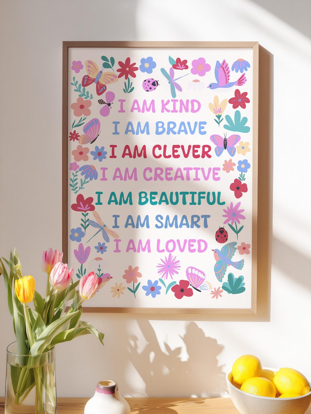 Colourful Floral Affirmations Print, Flowers and Birds, Butterfly Print ...