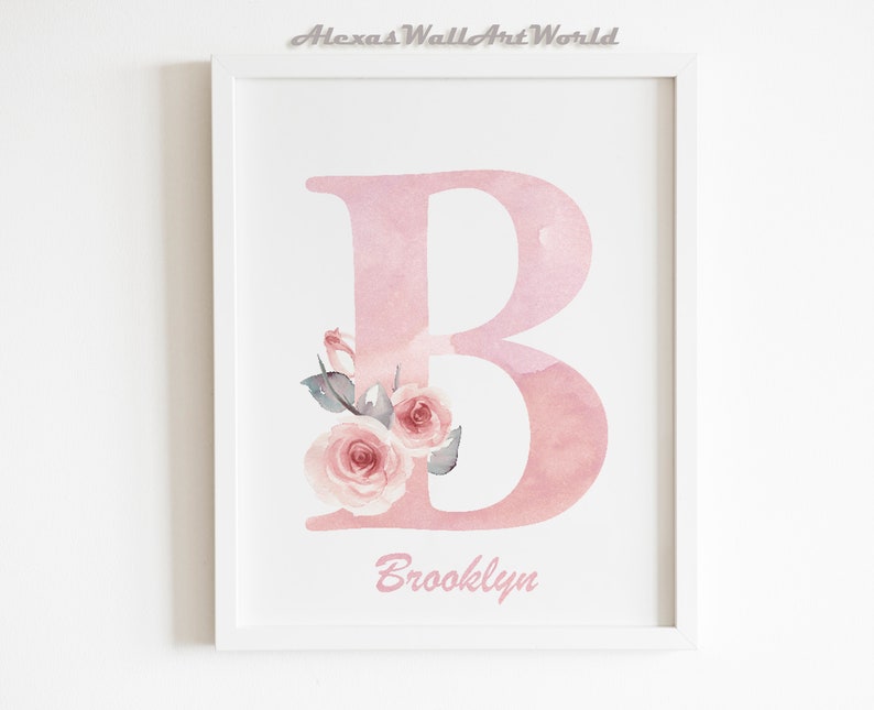 Pink Watercolor Initial Girl Name Floral Print Nursery Decor - Etsy