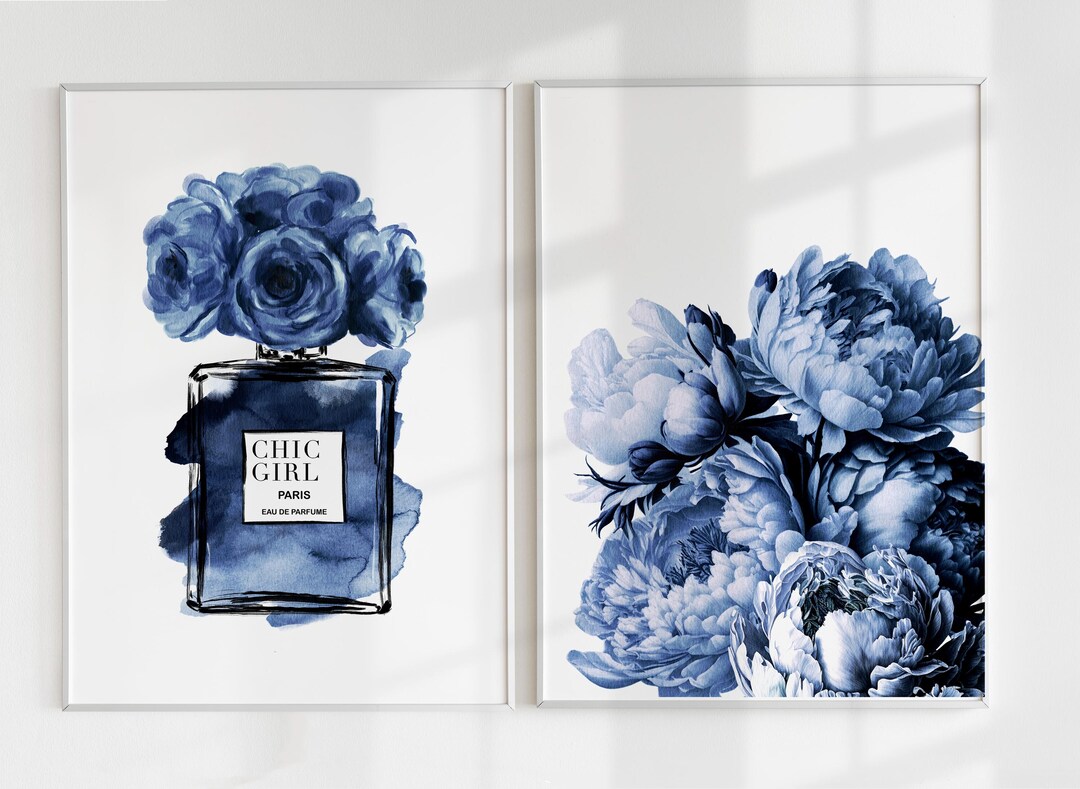 Navy Blue Chick Girl Perfume Print Set of 2, Peonies Wall Art, Luxury ...