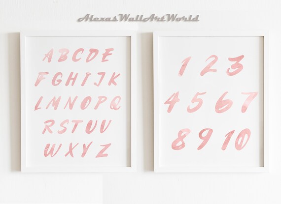 Pink Alphabet and Numbers Prints Set of 2 Prints Blush Pink | Etsy