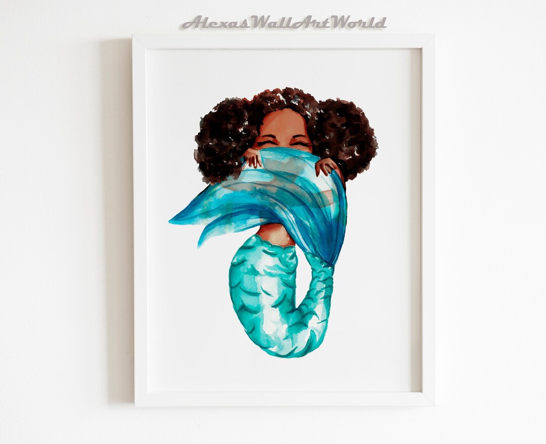 Mermaid Girl Nursery Wall Art, African American Mermaid Art, Dark Skin ...
