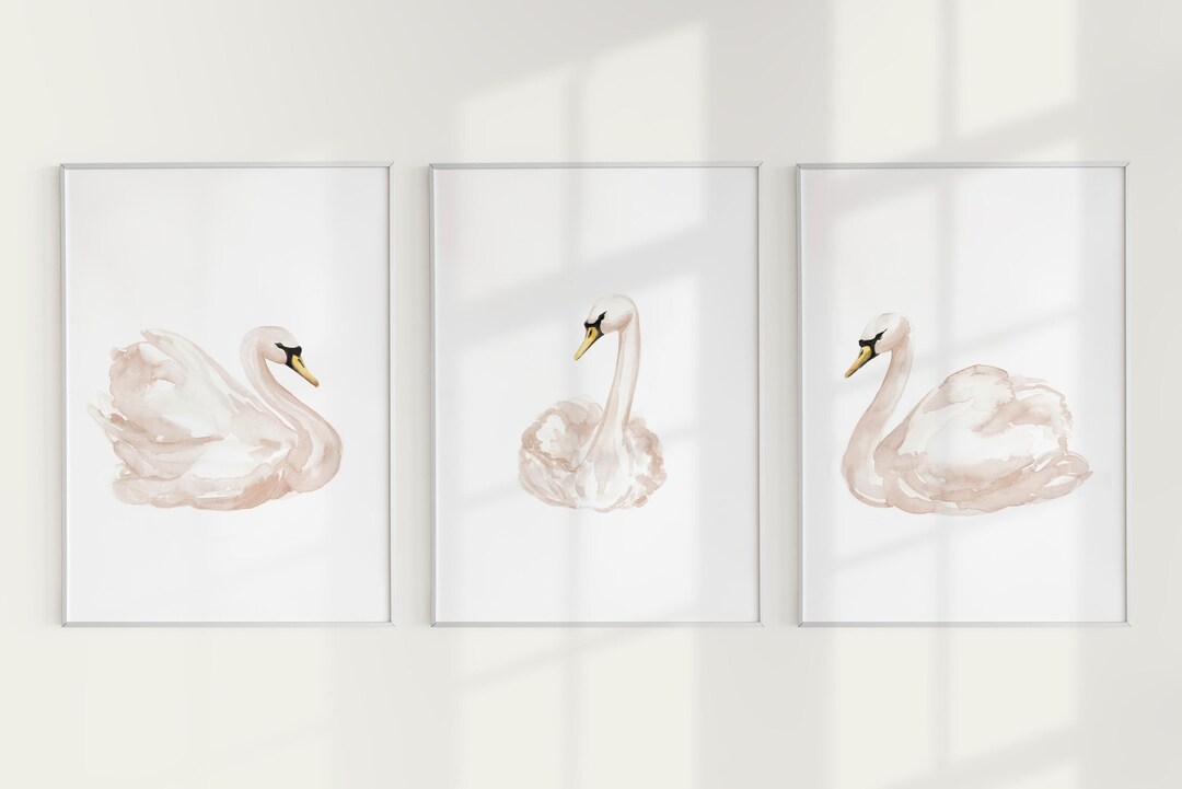 3 Blush Watercolor Swan Posters, Nursery Decor, Girl Bedroom Wall Art ...