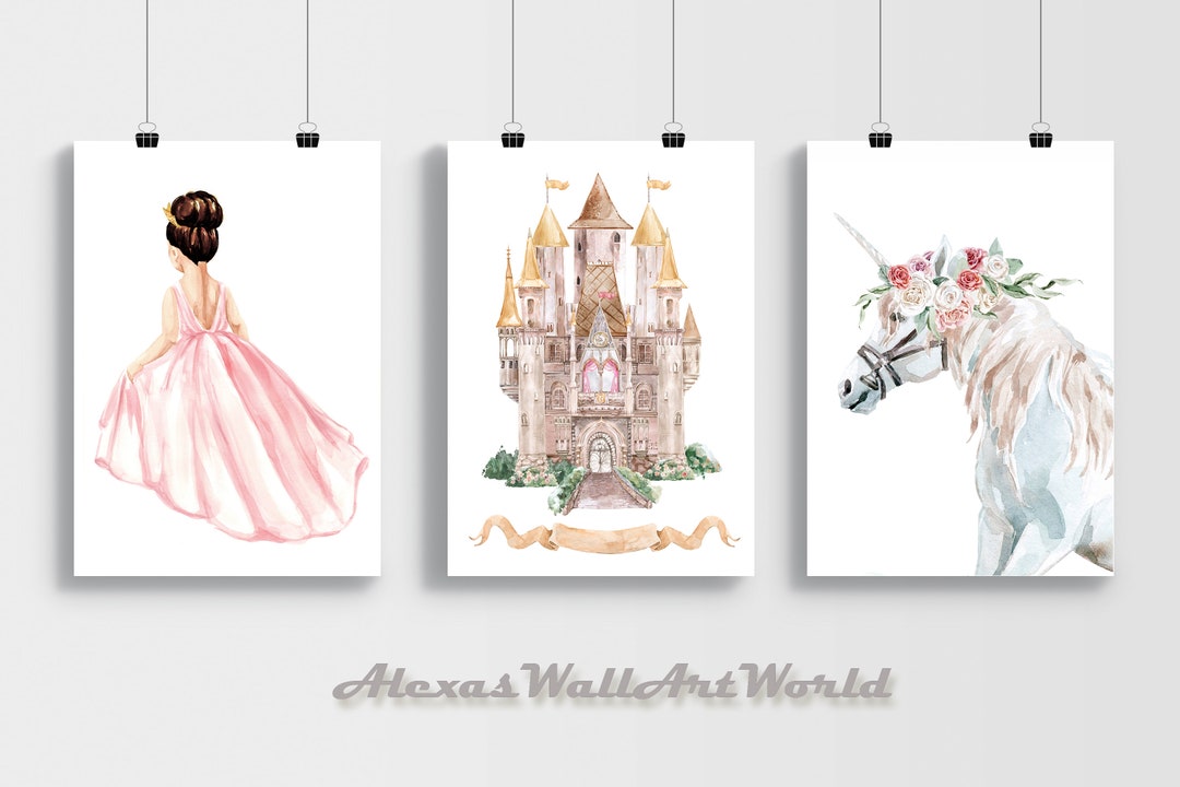 Princess Castle Unicorn Watercolor Print Set, Girl Nursery Decor ...