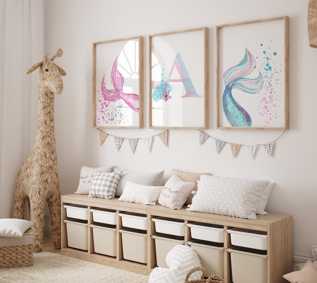 Personalized Mermaid Print Set of 3, Mermaid Nursery Bathroom Decor ...