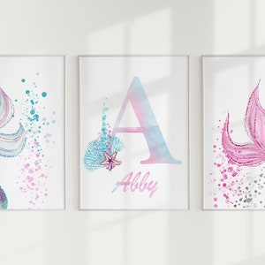Personalized Mermaid Print Set of 3, Mermaid Nursery Bathroom Decor ...