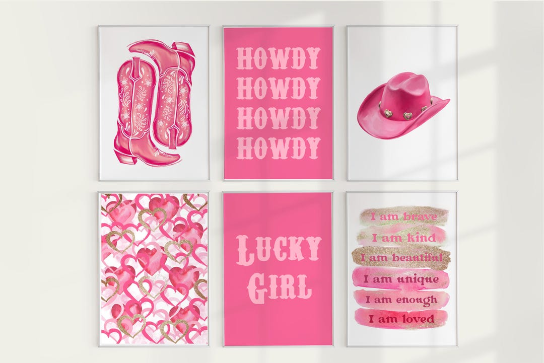 Howdy Set of 6 Pink Western Prints, Positive Affirmations, Cowgirl Hat ...