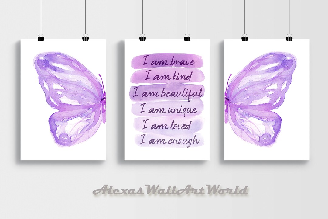Watercolor Butterfly Wings Wall Art, Positive Affirmation Set of 3 ...