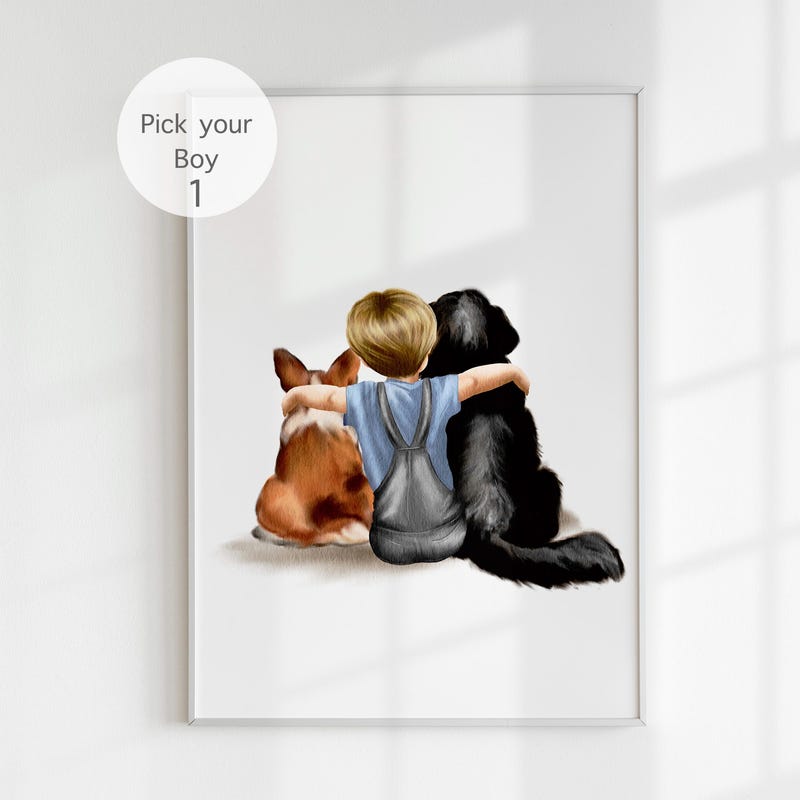 Boy Two Dogs Art - Etsy
