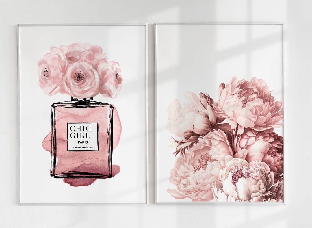 Blush Pink Chick Perfume Print Set of 2, Peonies Wall Art, Fashion ...