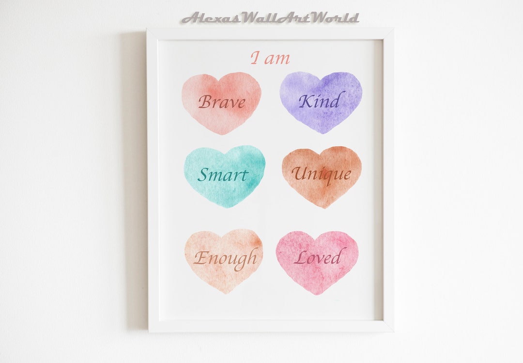 Positive Affirmations Boho Hearts Wall Art, Rainbow Hearts Print, Baby ...