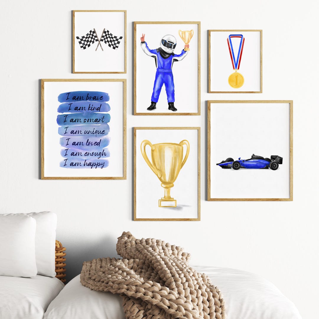Set of 6 Racing Nursery Decor, Racing Black Boy Wall Art, Positive ...