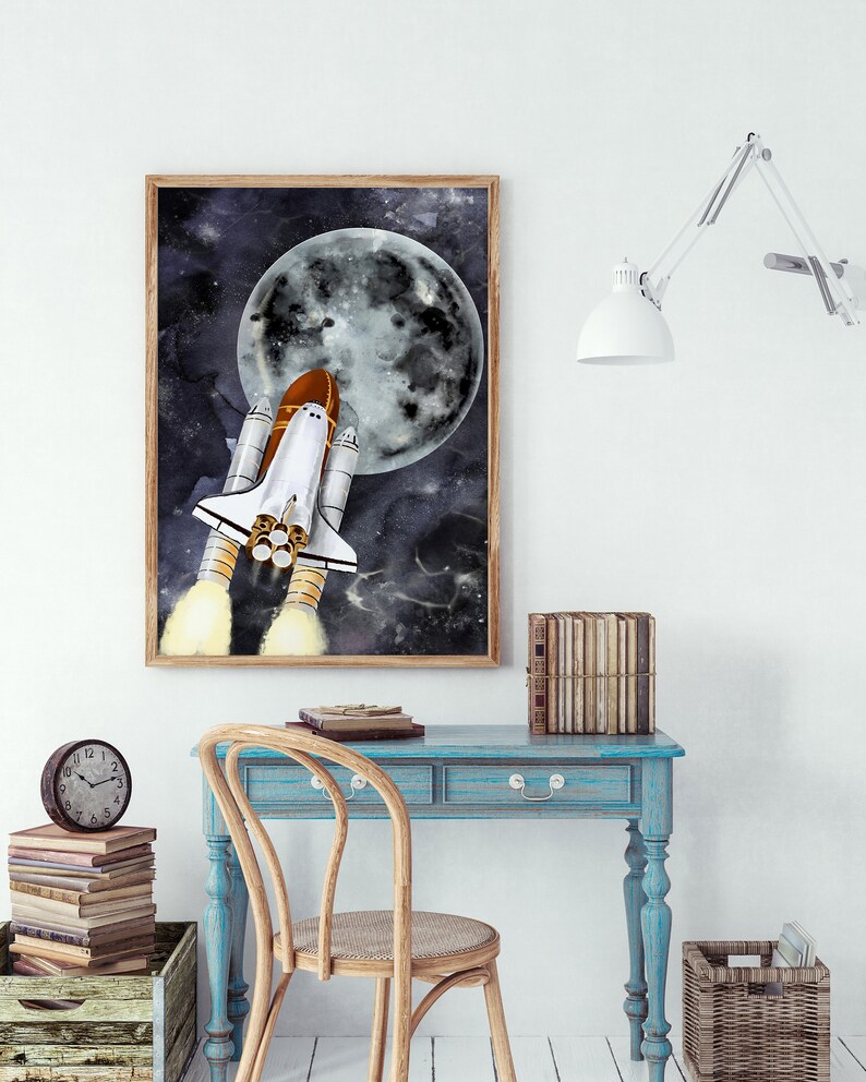 Spaceship Wall Art Print Boys Room Decor Watercolor Outer | Etsy