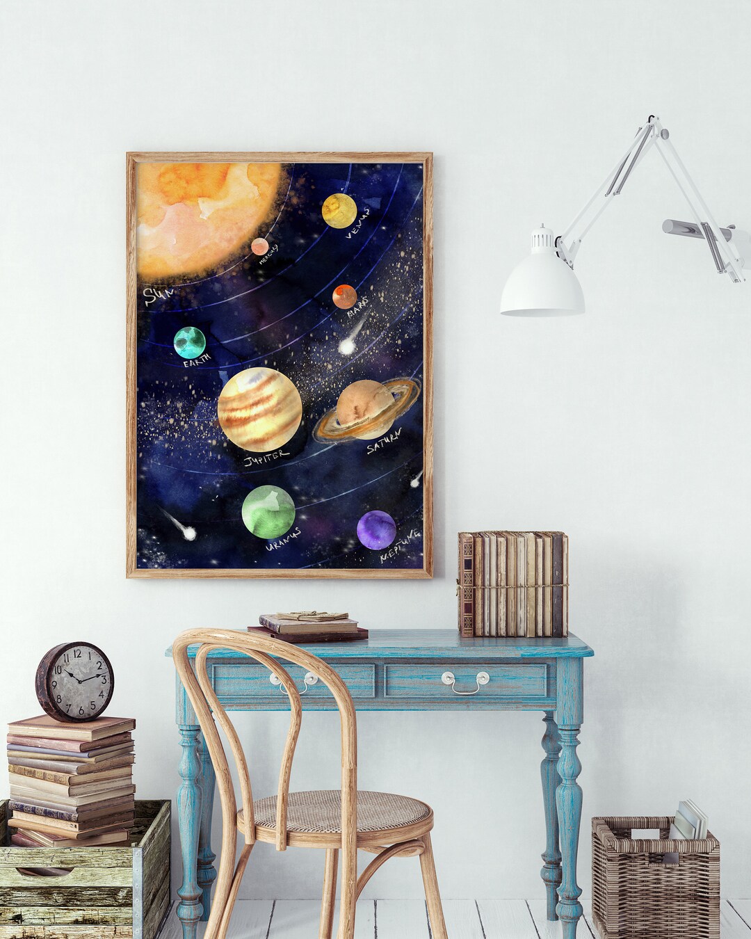 Watercolor Solar System Print, Outer Space Poster, Astronaut Cosmonauts ...