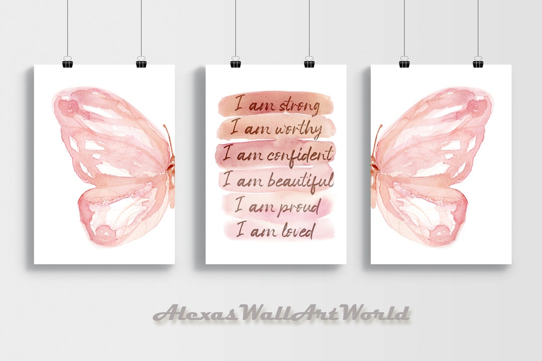 Positive Affirmation Set of 3 Prints, Watercolor Butterfly Wings Wall ...