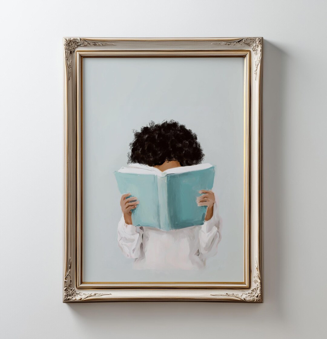 Black Boy Reading Blue Book Print, Pastel Nursery Decor, Reading Corner ...