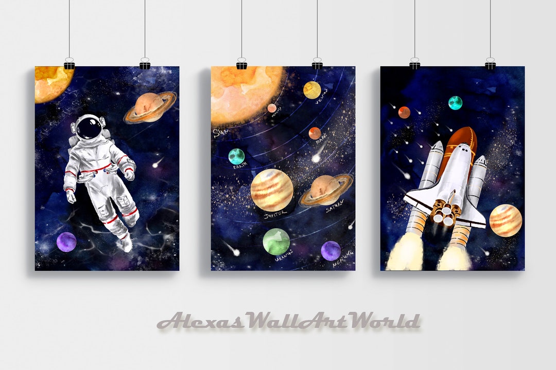 Set of 3 Watercolor Space Prints, Solar System Wall Art, Astronaut ...
