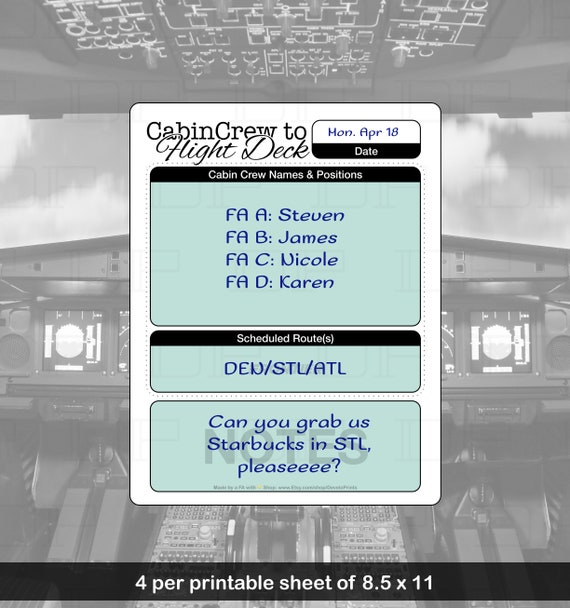 Printable Cabin Crew to Flight Deck Briefing Sheets Frontier - Etsy