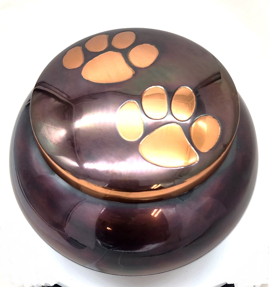Pet Cremation Urn Copper Pet Paws on Top of Raku Colored Urn hold up to ...