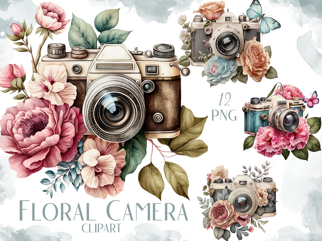 Floral Cameras Clipart, Cameras Png, Vintage Clipart, Retro Clip Art ...