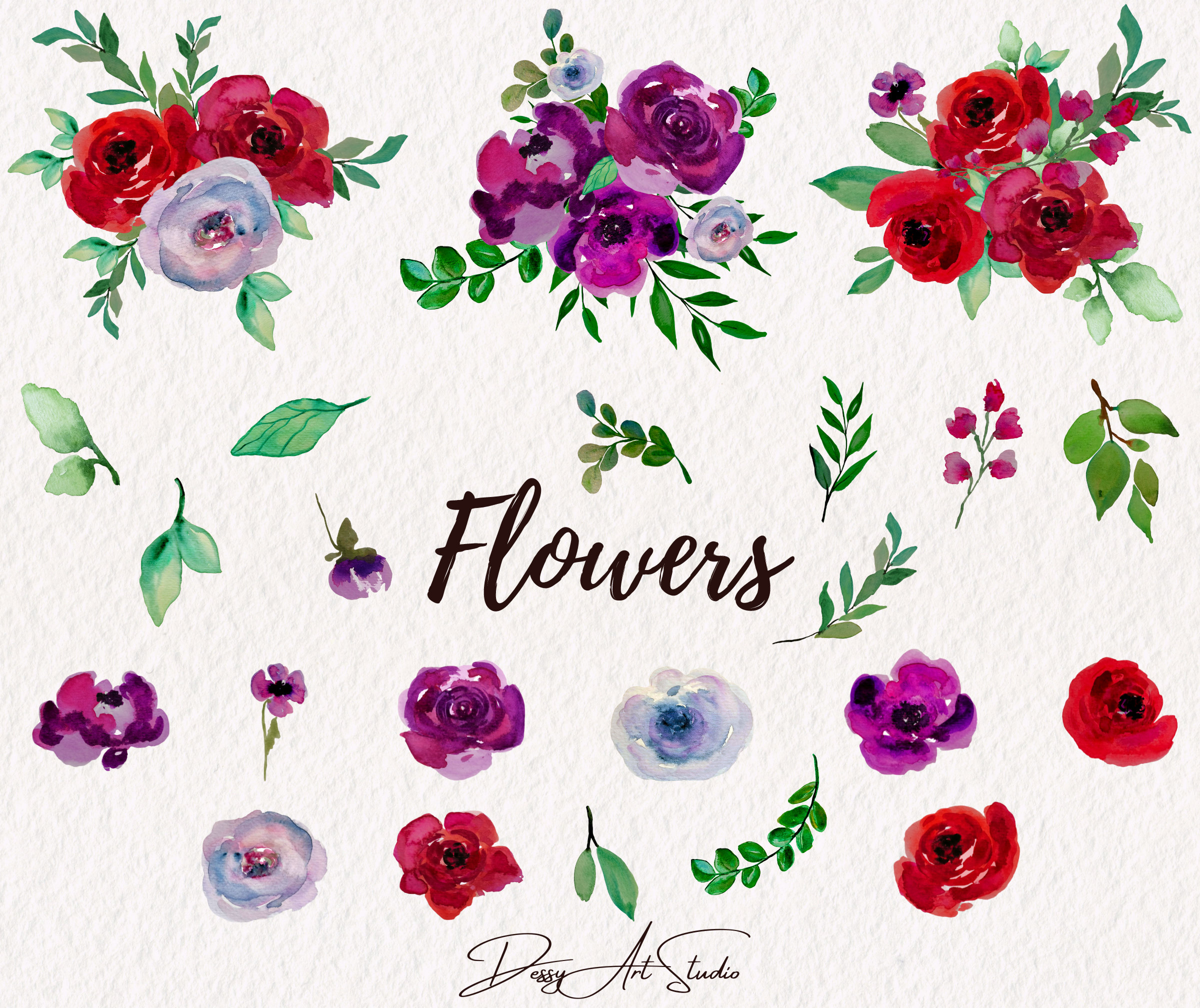 Watercolor Summer Flowers Leaves Branches Watercolor Clipart - Etsy