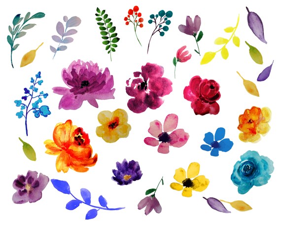 Flower Clipart Bright Rainbow Red Watercolor Floral Clipart