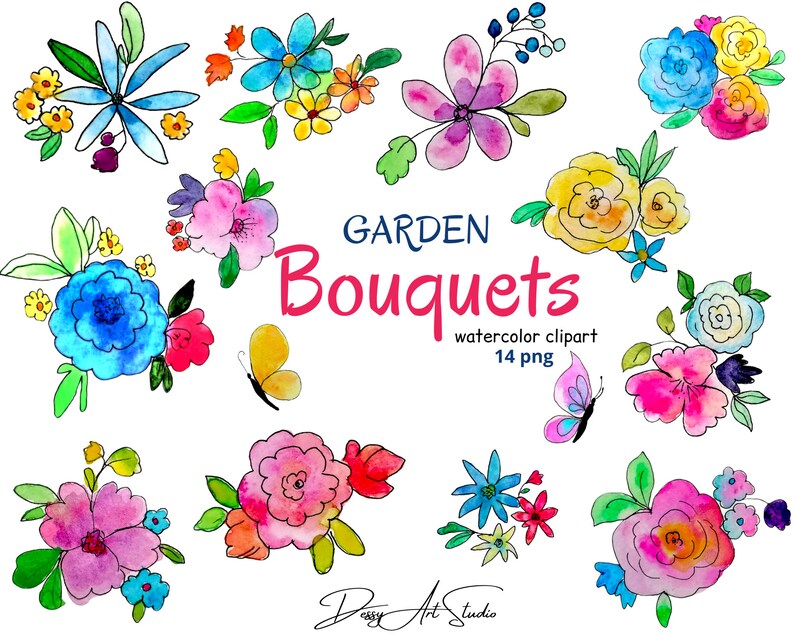 Watercolor Flowers Bouquets / Hand-painted Illustrations Bright ...
