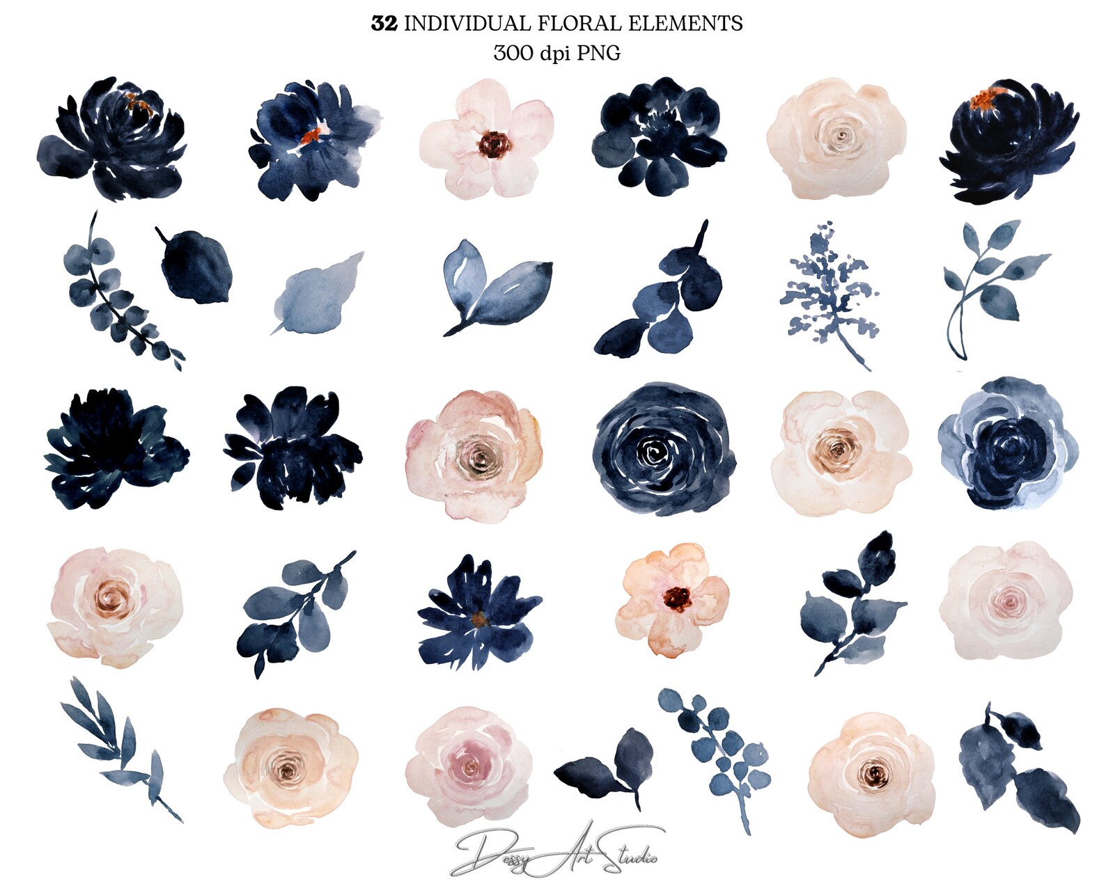Watercolor Floral Clipart of Navy Blue Peony, Navy Blue Rose and Cream ...