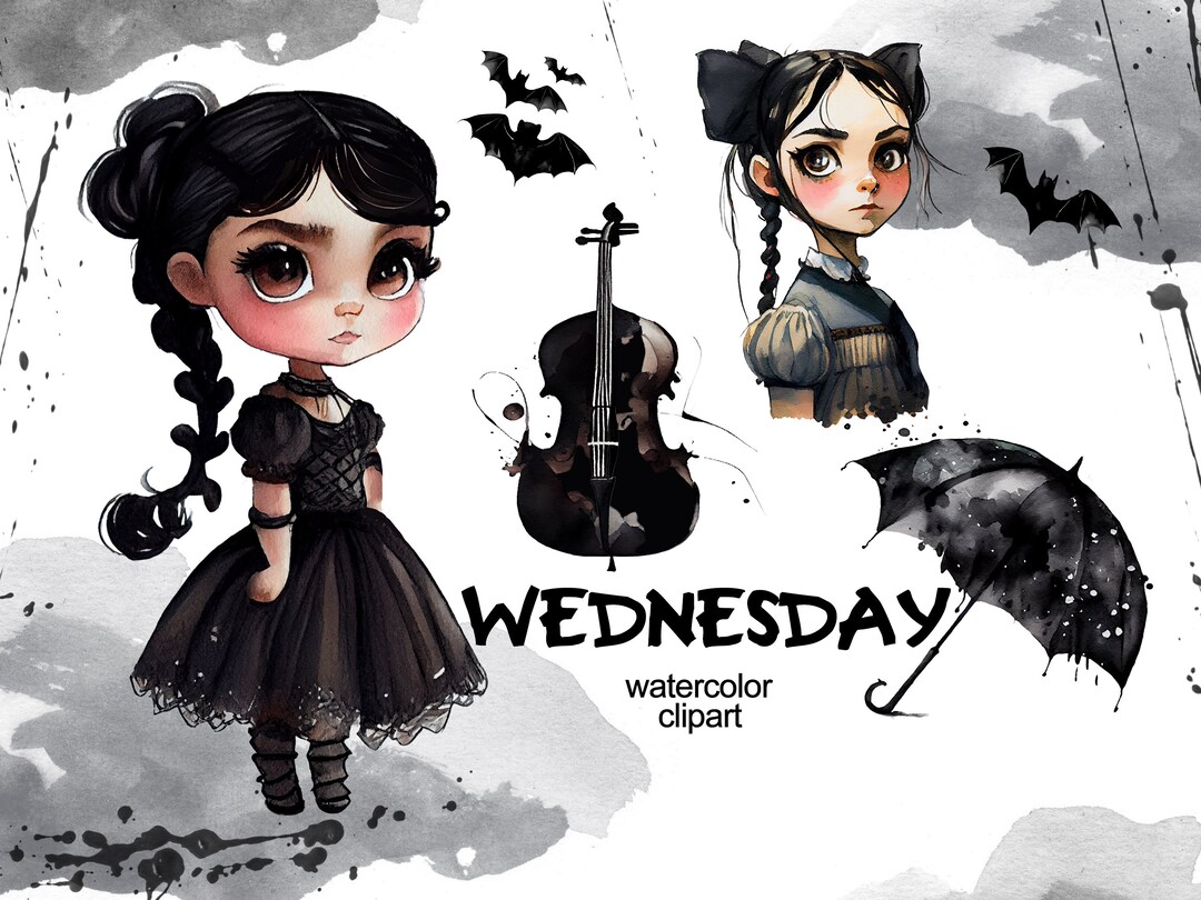 Wednesday Watercolor Clipart, Gothic Girl, Music Nerd Girl Llustration ...