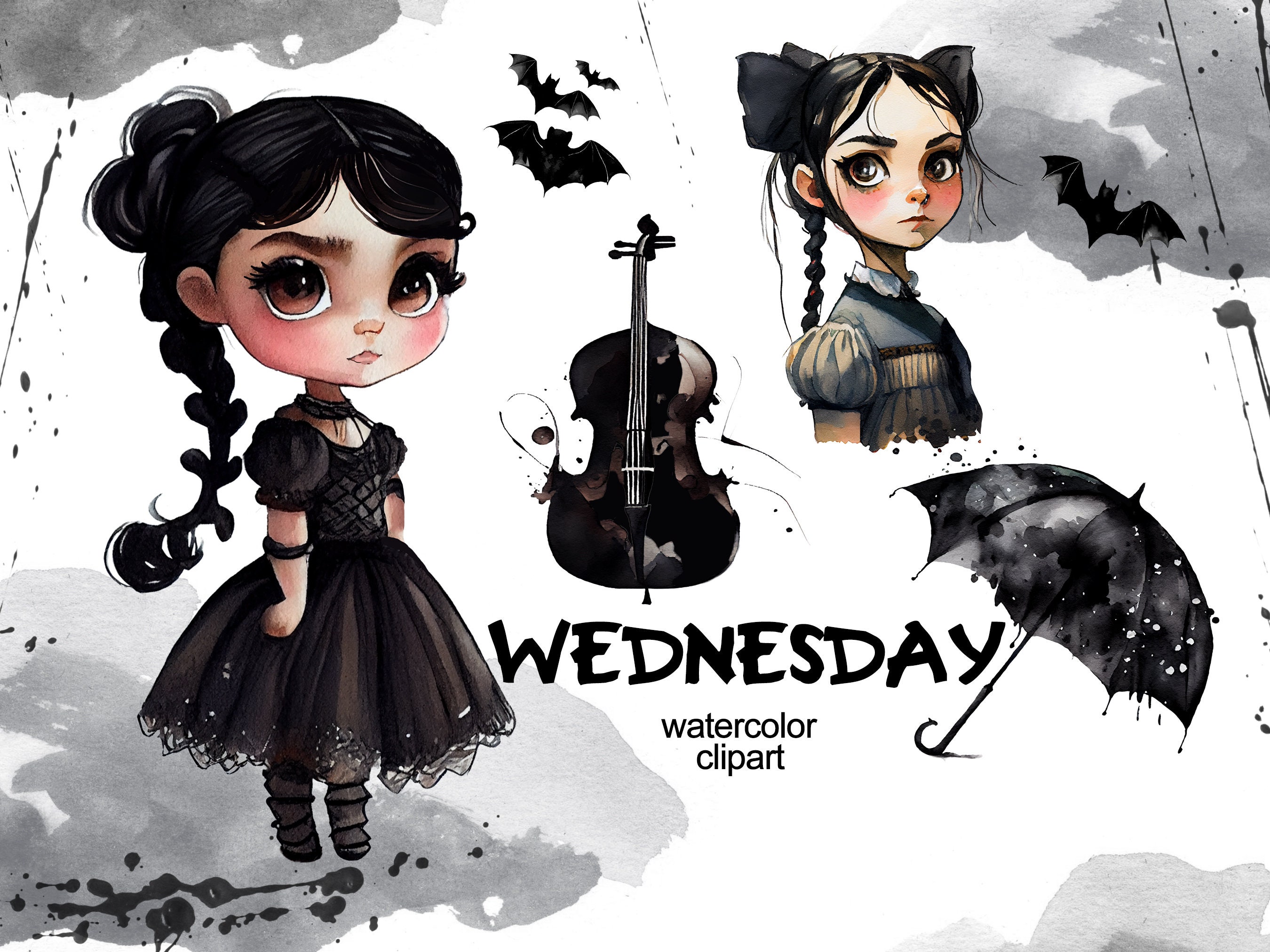 Wednesday Watercolor Clipart Gothic Girl Music Nerd Girl - Etsy