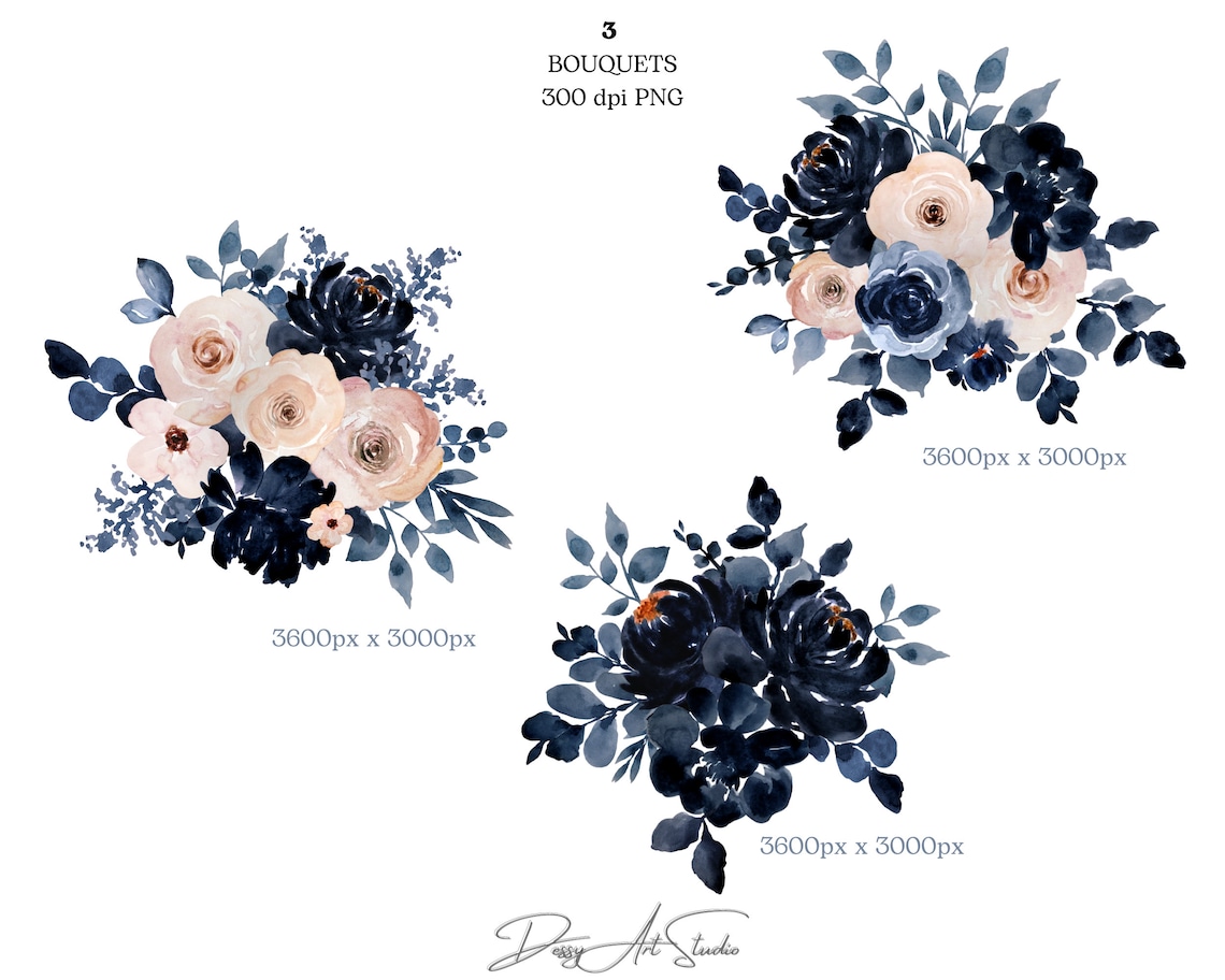 Watercolor Floral Clipart of Navy Blue Peony, Navy Blue Rose and Cream ...