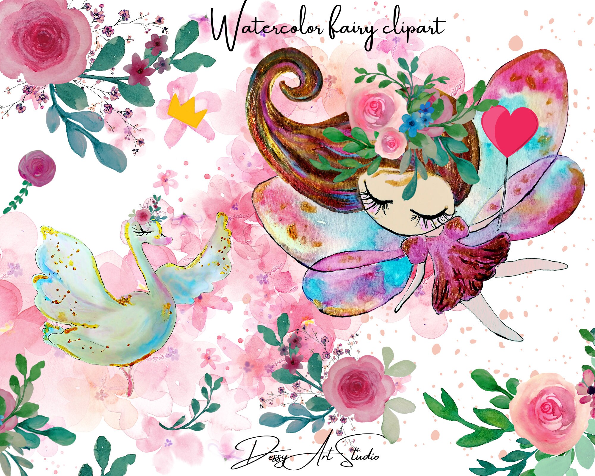 Watercolor Floral Clipart, Bouquets Watercolor Fairy Clip Art, Swan ...