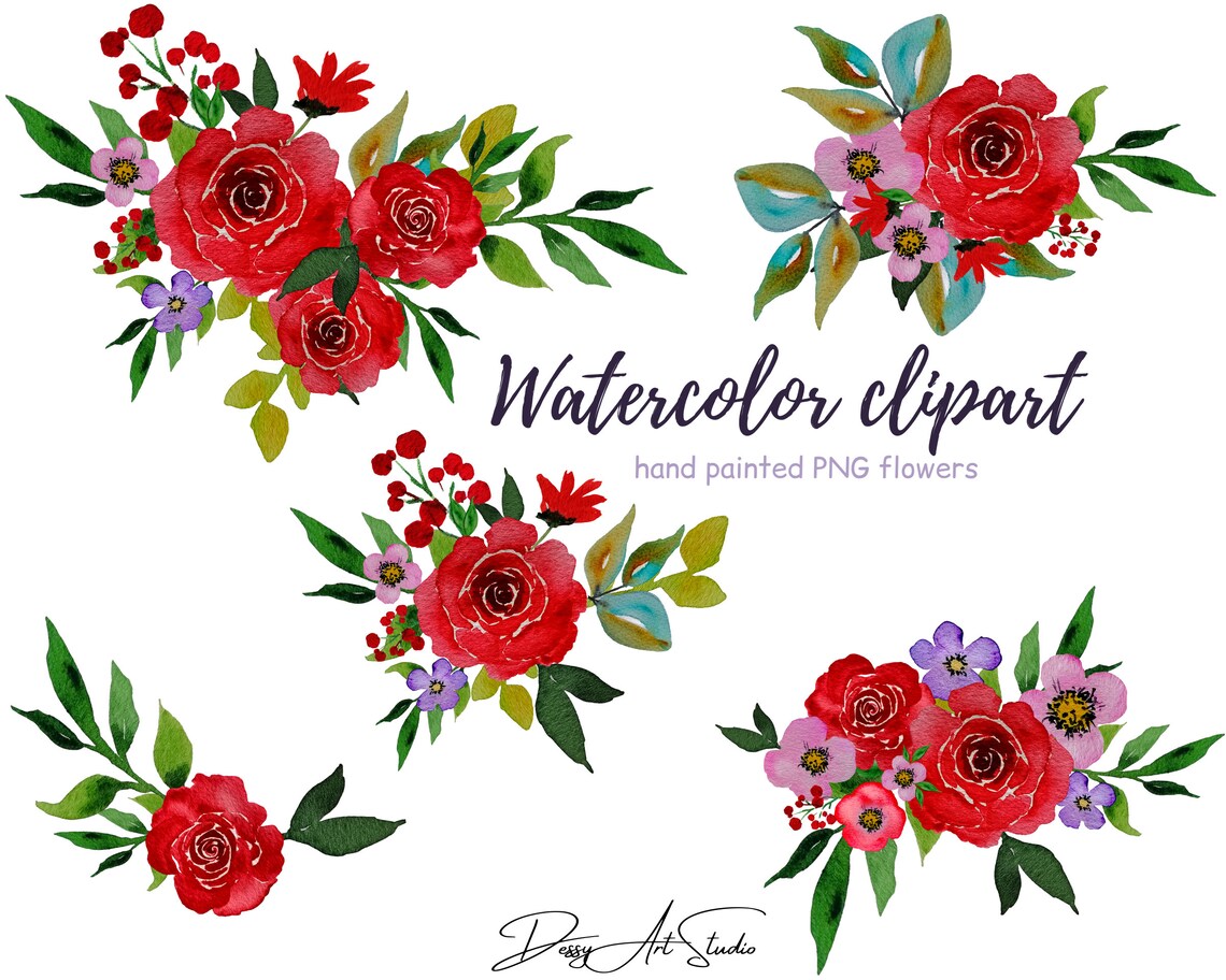 Watercolor Summer Flowers Clipart, Leaves Branches Aquarelle Digital ...