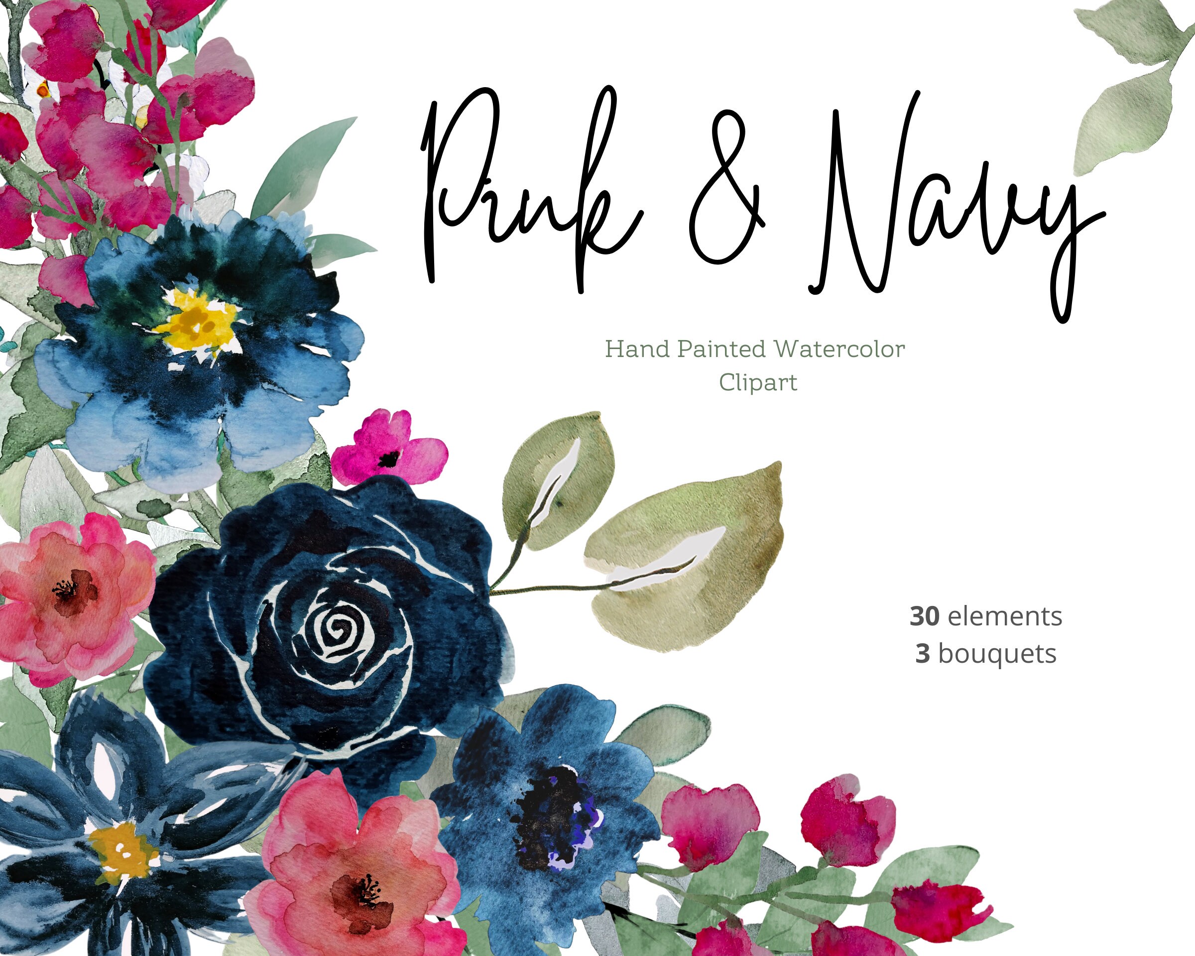 Watercolor Flowers Clipart Pink & Navy Wedding Flowers | Etsy