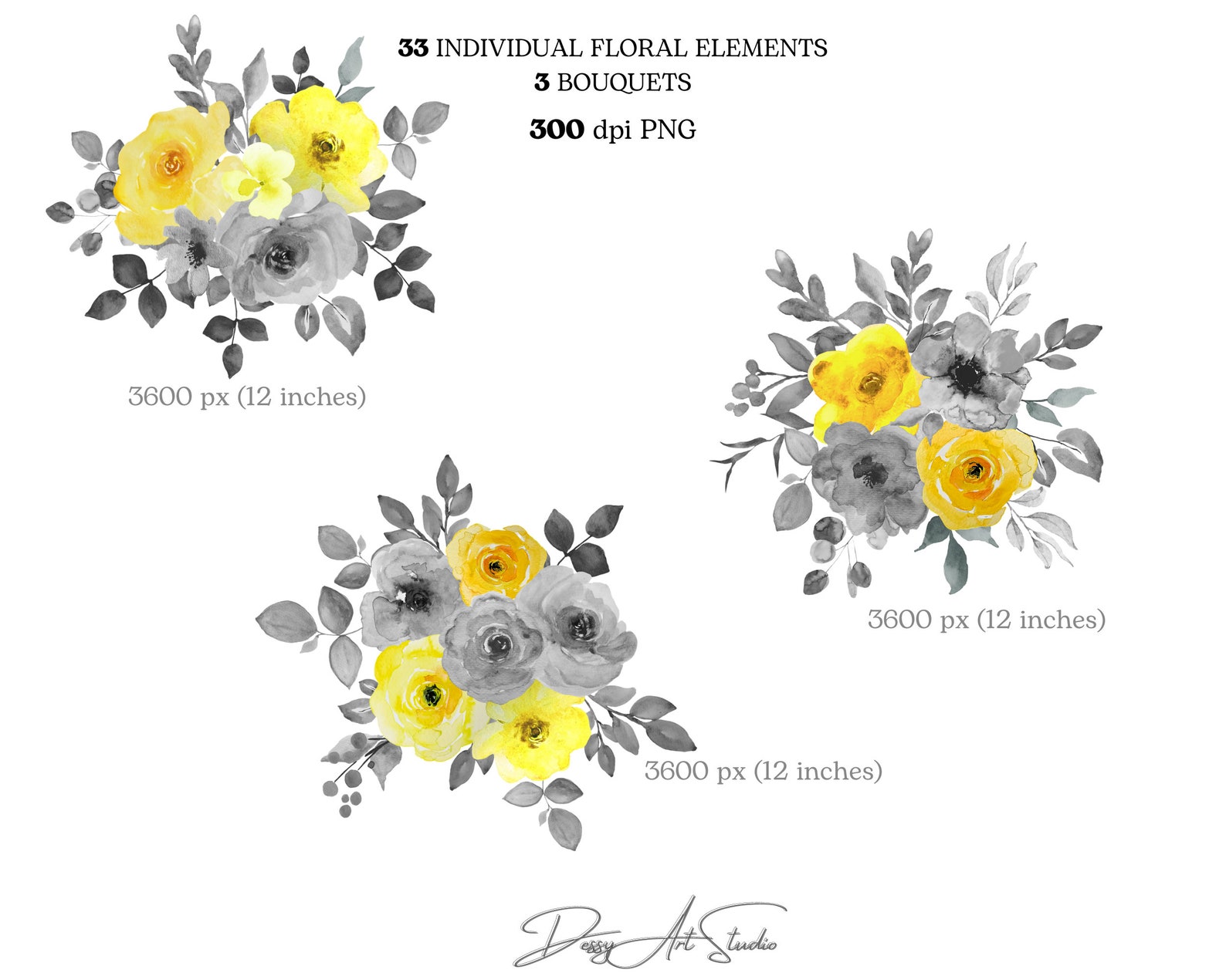 Gray Yellow Watercolor Flowers Clipart Floral Clip Art Rose Flowers ...