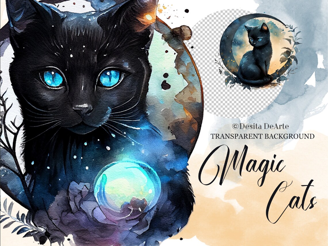 Watercolor Black Cat Clip Art Magic Kitty Moon Mystical - Etsy