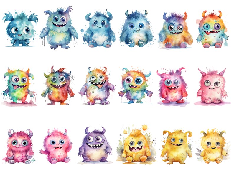 Watercolor Cute Monsters Clipart Bundle Nursery Decor - Etsy