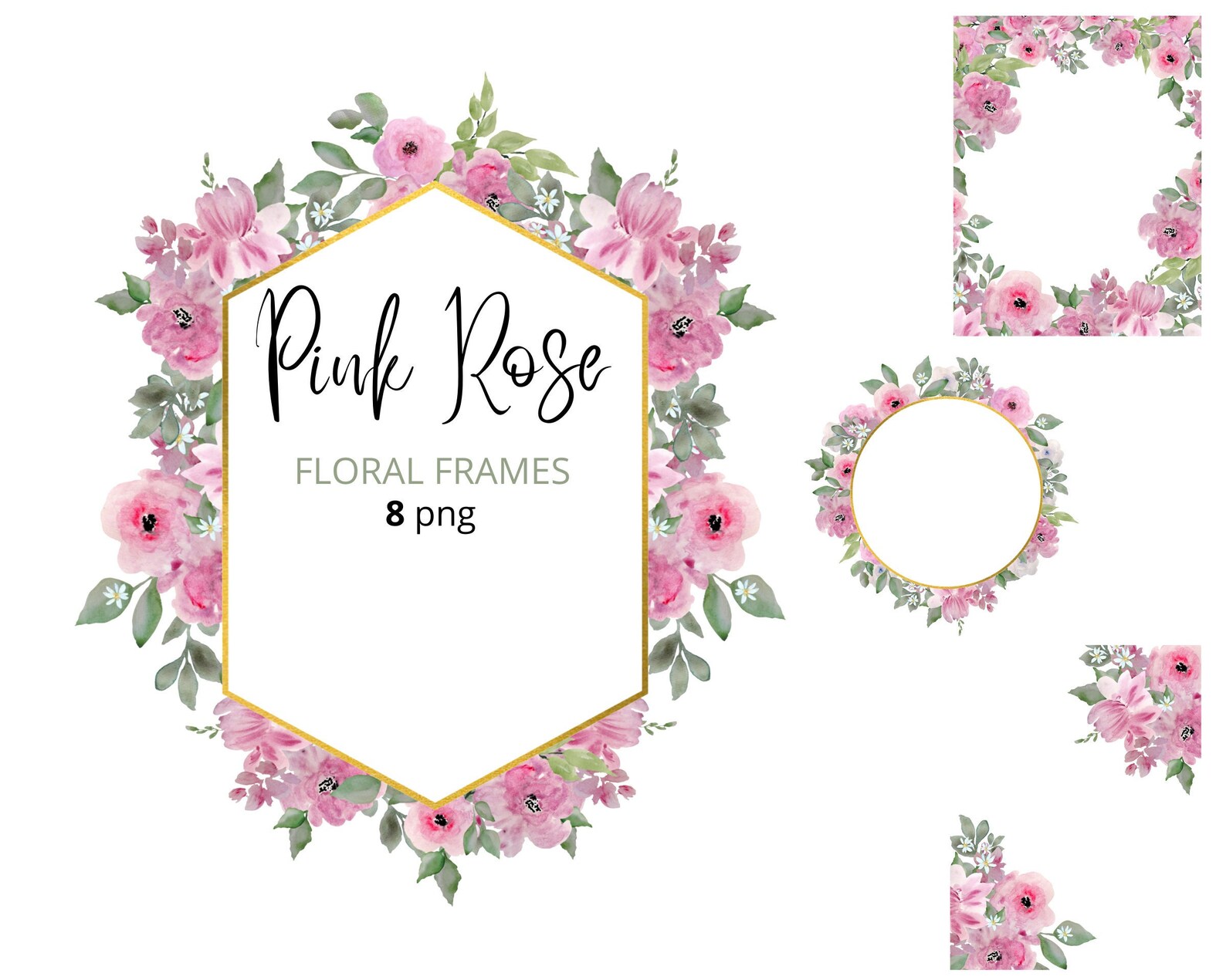 Watercolor Floral Clipart Bright Pink and Gold Frames Borders - Etsy