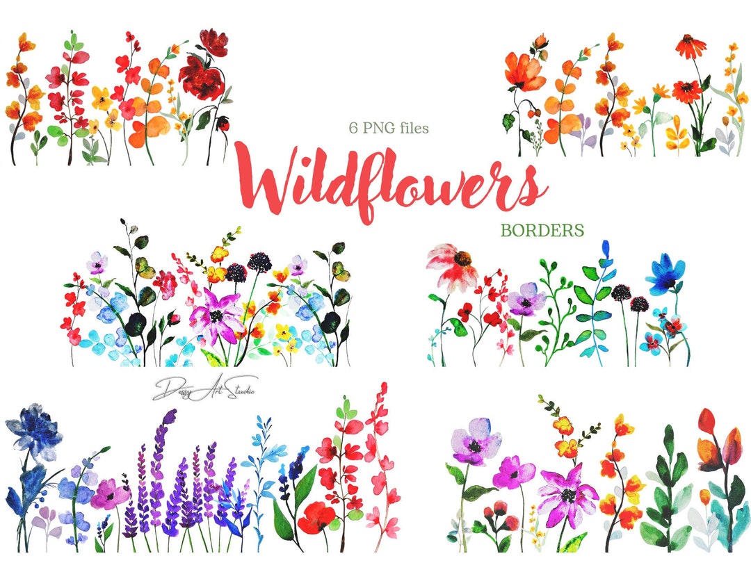 Watercolor Wildflowers Borders Clipart, Botanical Floral, Wild Flowers ...