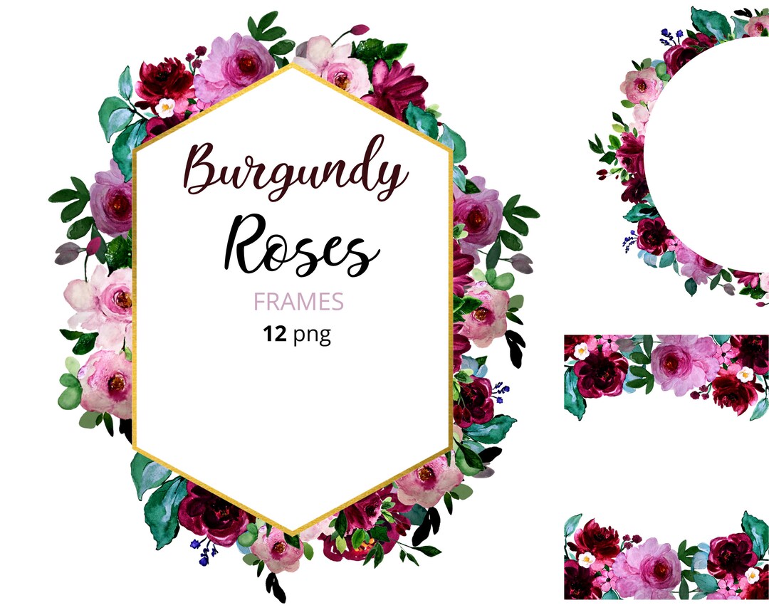 Burgundy Roses FRAMES Clipart Border Spring Summer Flowers Gold Frame ...
