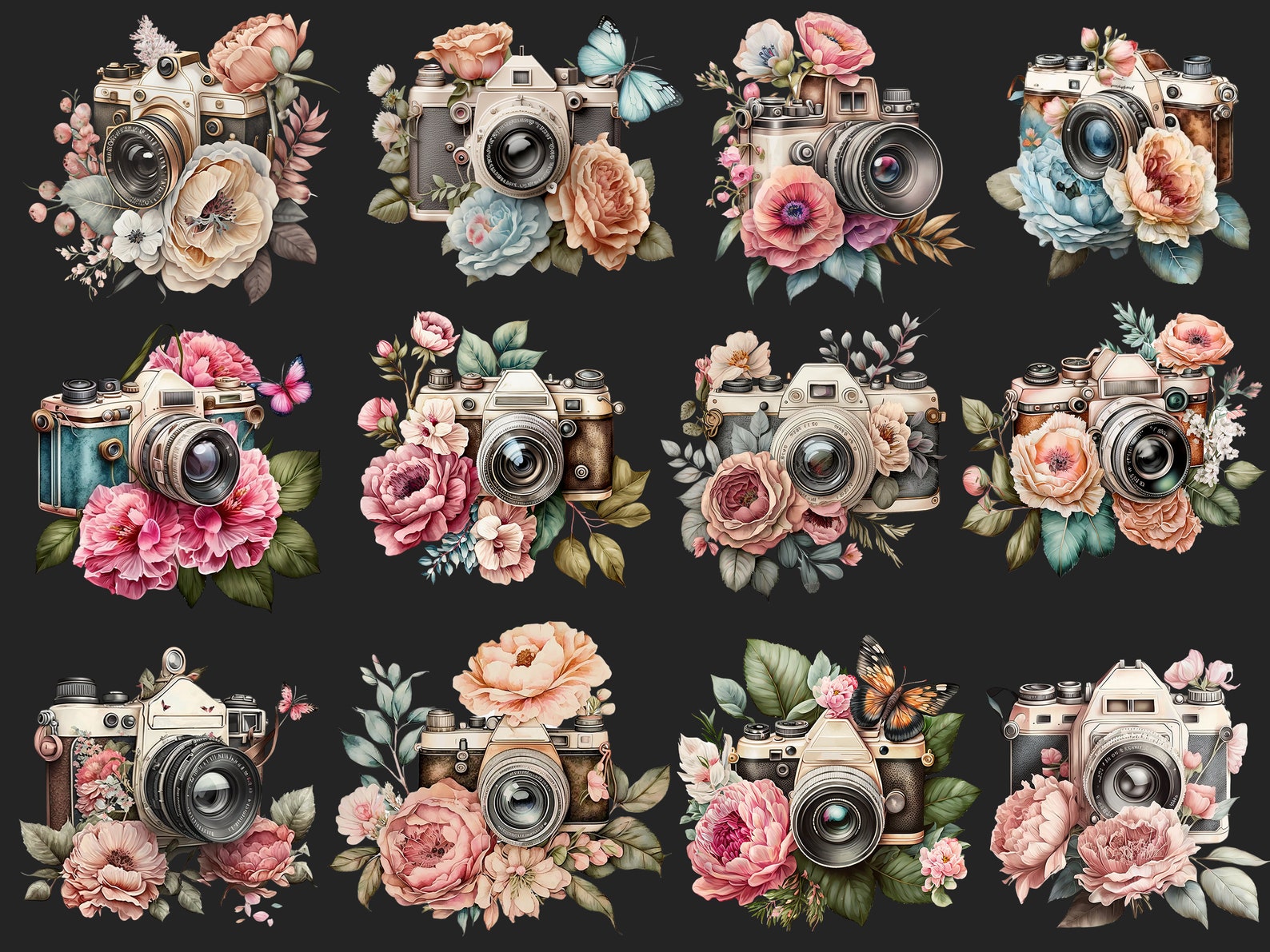 Floral Cameras Clipart, Cameras Png, Vintage Clipart, Retro Clip Art ...